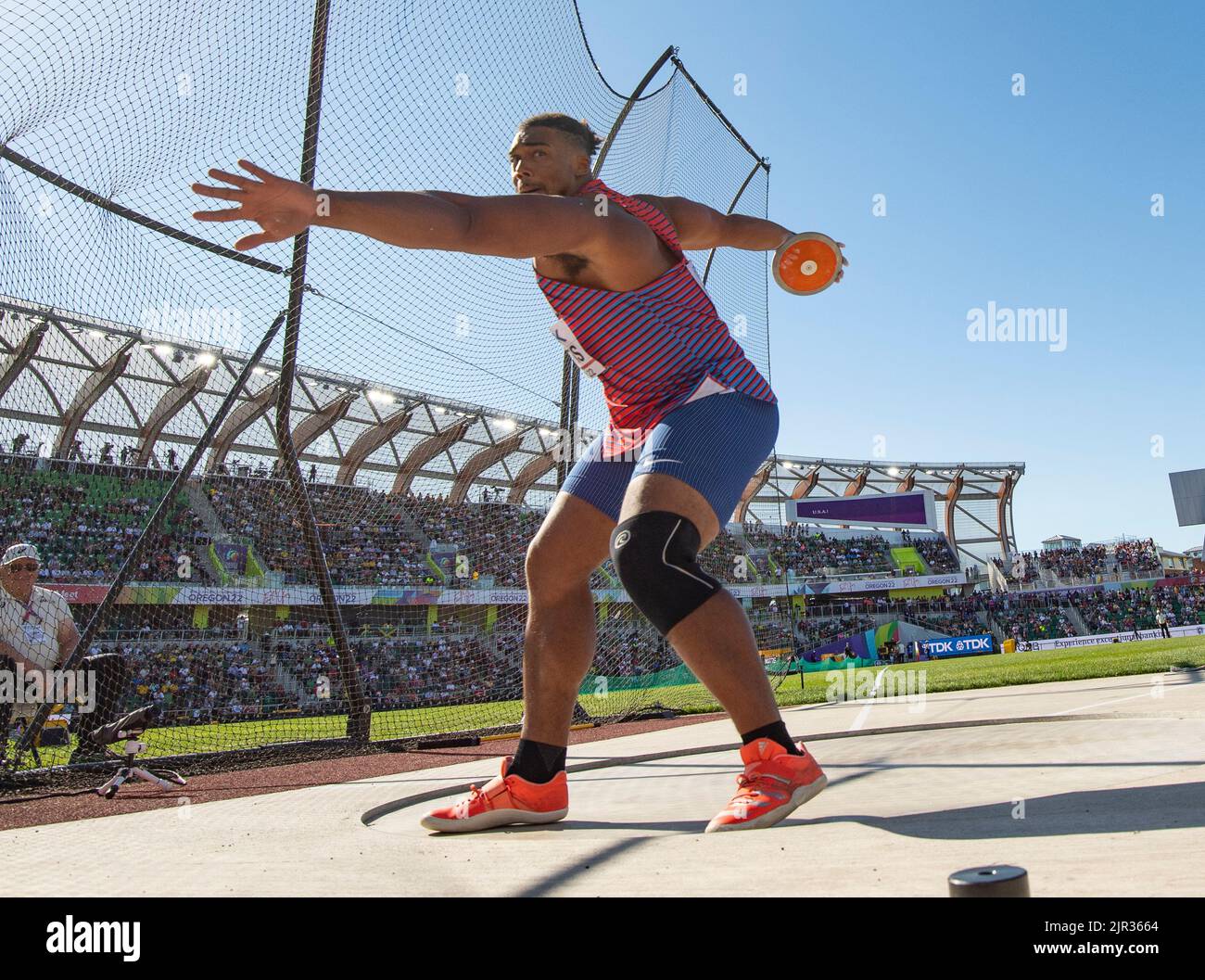 Sam Mattis of the USA competing in the men’s discus heats at Hayward ...