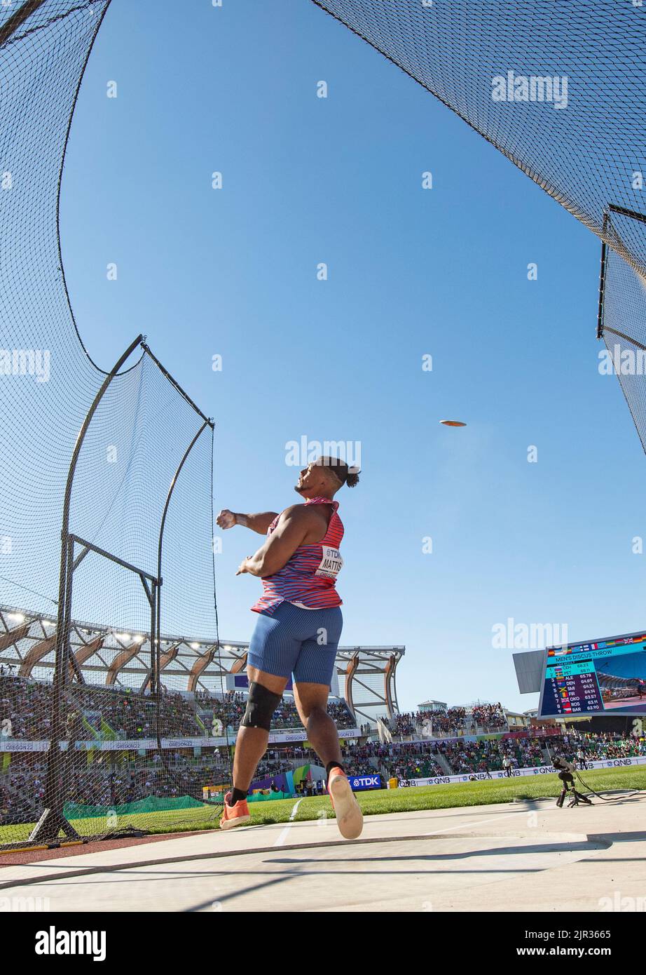 Sam Mattis of the USA competing in the men’s discus heats at Hayward ...