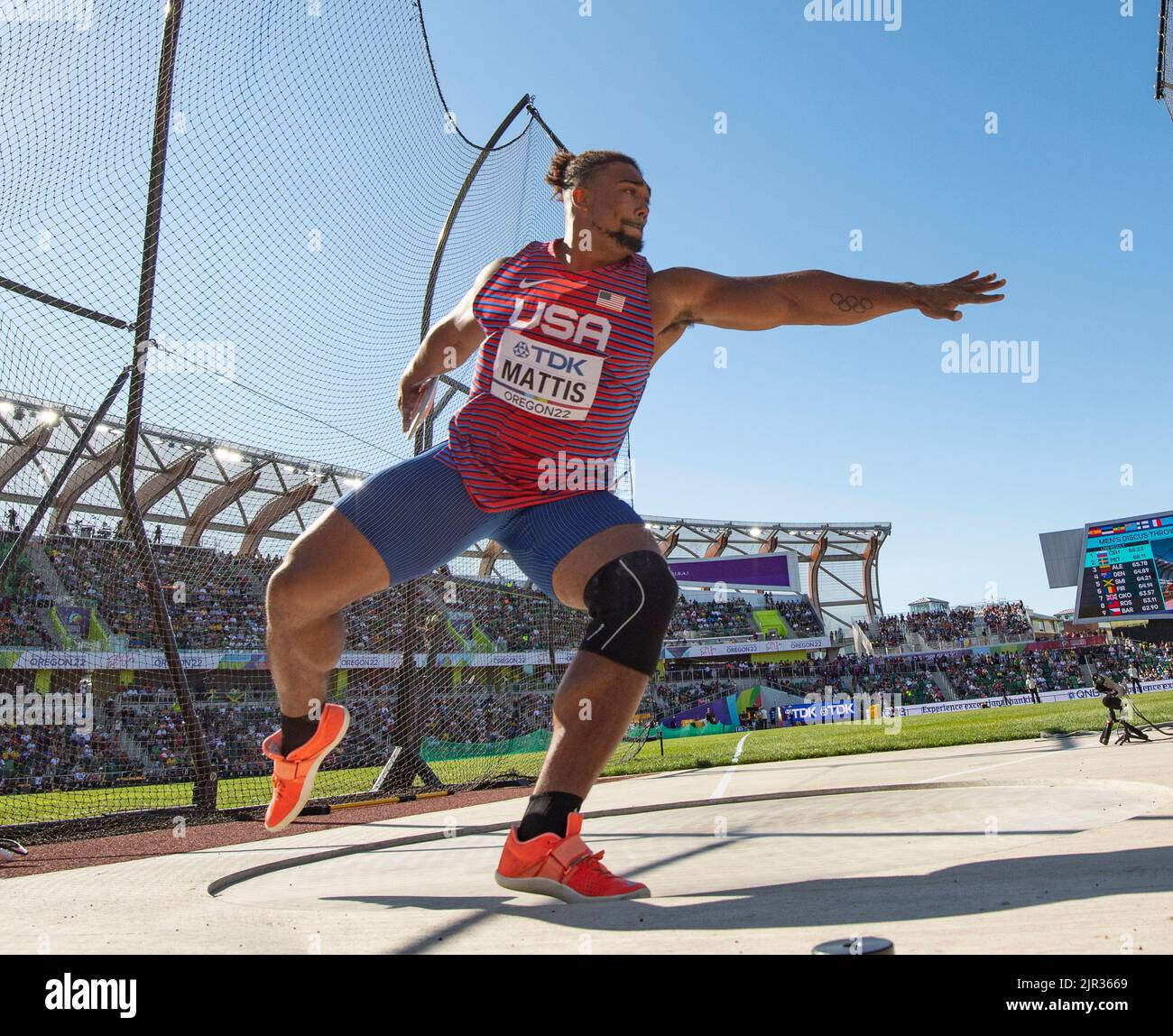 Sam Mattis of the USA competing in the men’s discus heats at Hayward ...