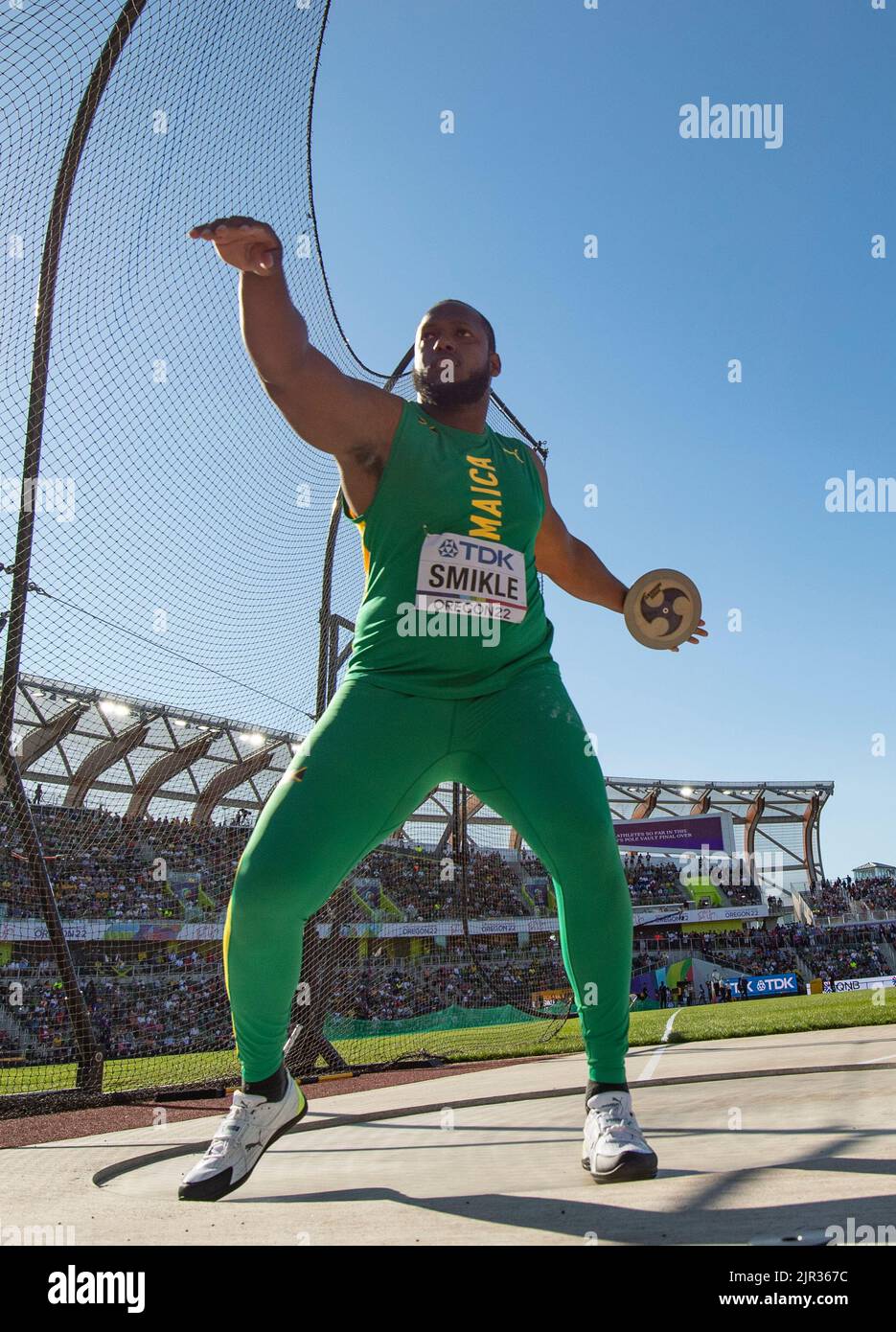 Traves Smikle of Jamaica competing in the men’s discus heats at Hayward ...