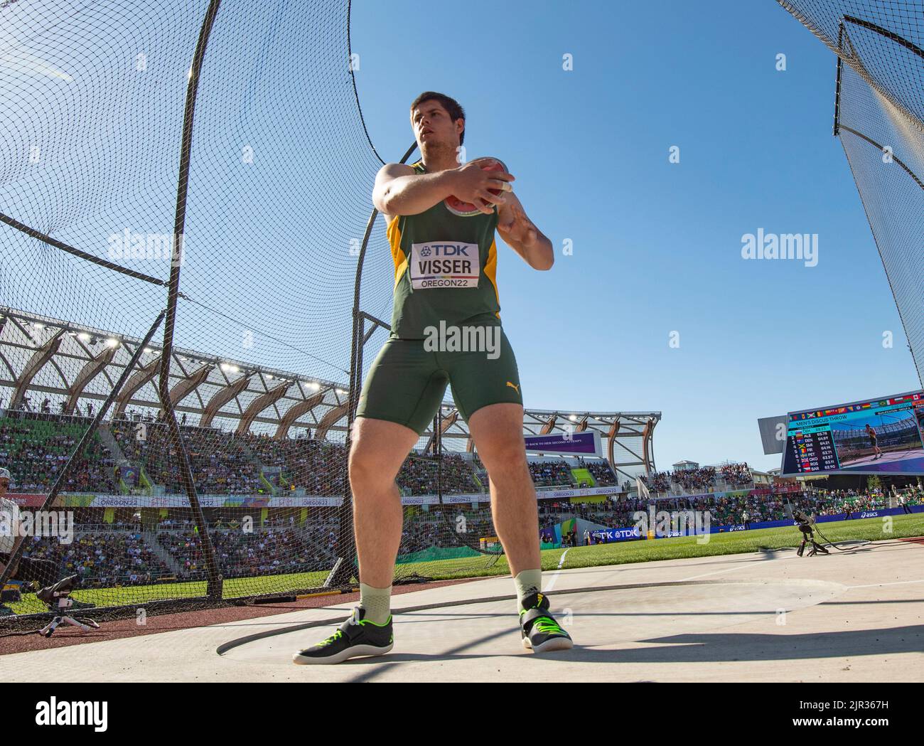 Werner Visser of South Africa competing in the men’s discus heats at ...