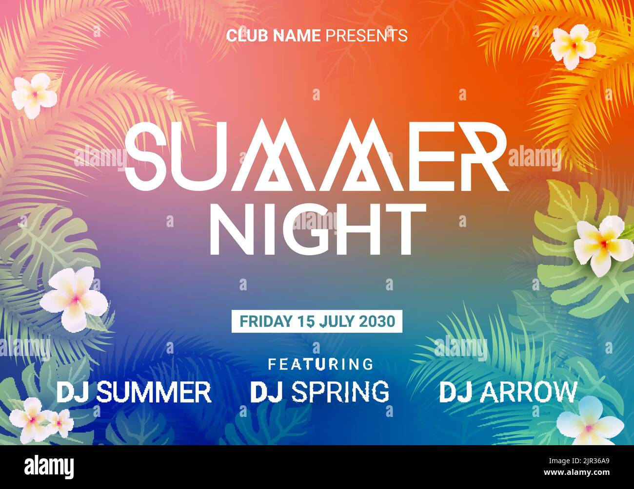 Summer night dance party beach flyer design. Summer night sunset ...