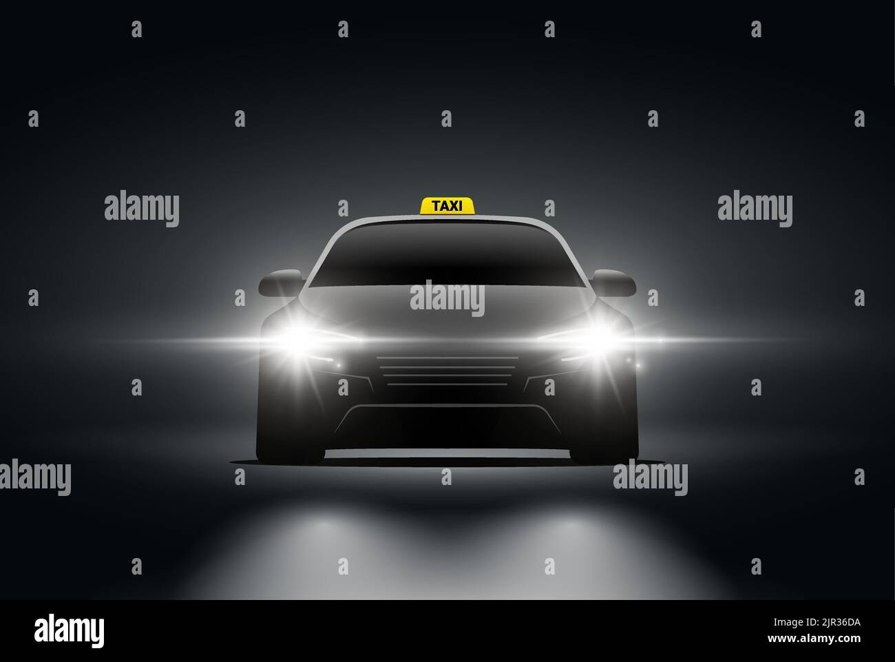Taxi car front view in dark. Vector background night front view taxi ...