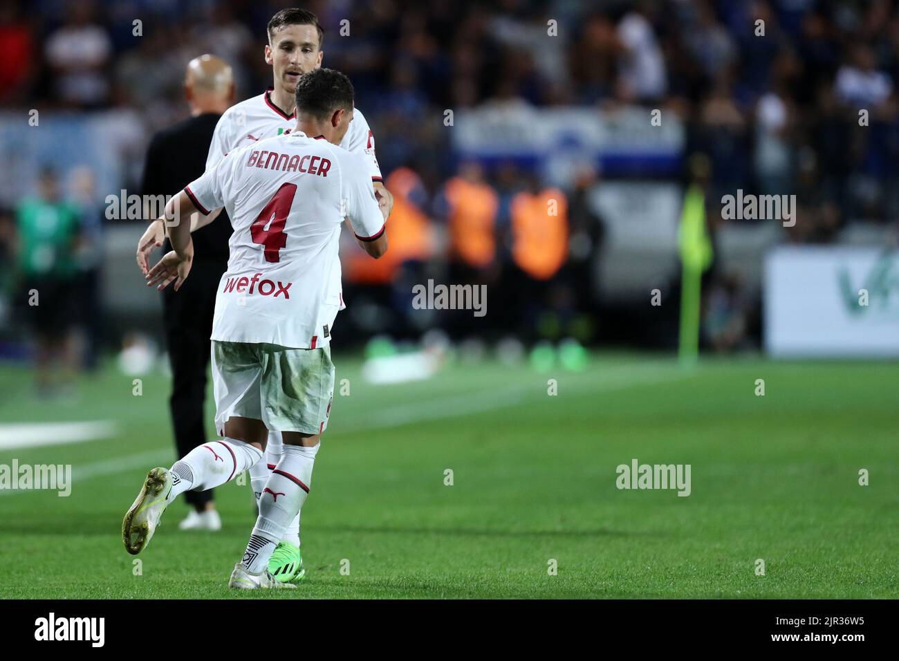 Bergamo, Italy . August 21, 2022 Ismael Bennacer of Ac Milan celebrates ...