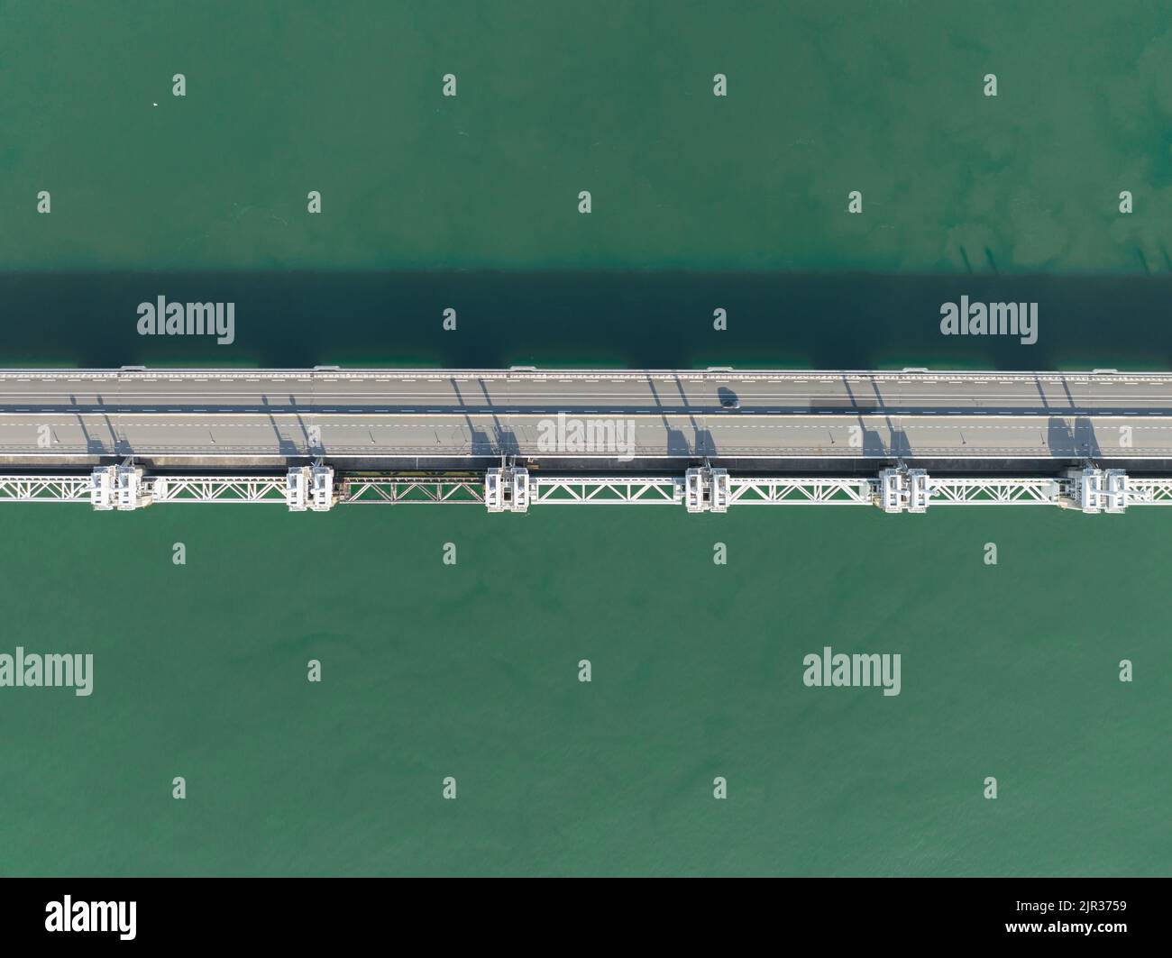 Overhead top down view of Oosterschelde barrier closable storm surge ...