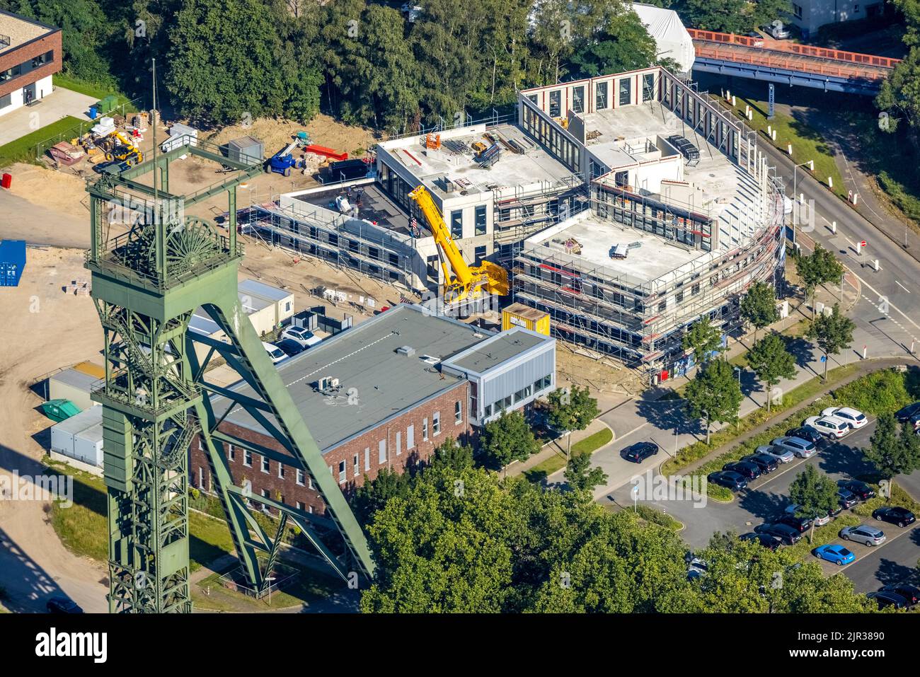 Aerial photo, winding tower and Steigerhaus as well as building site ...