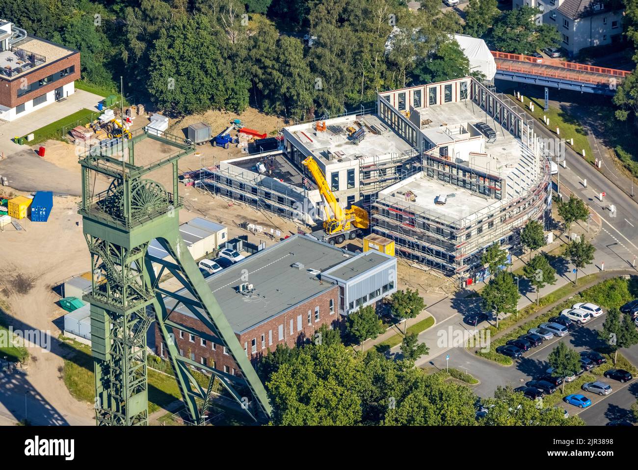 Aerial photo, winding tower and Steigerhaus as well as building site ...