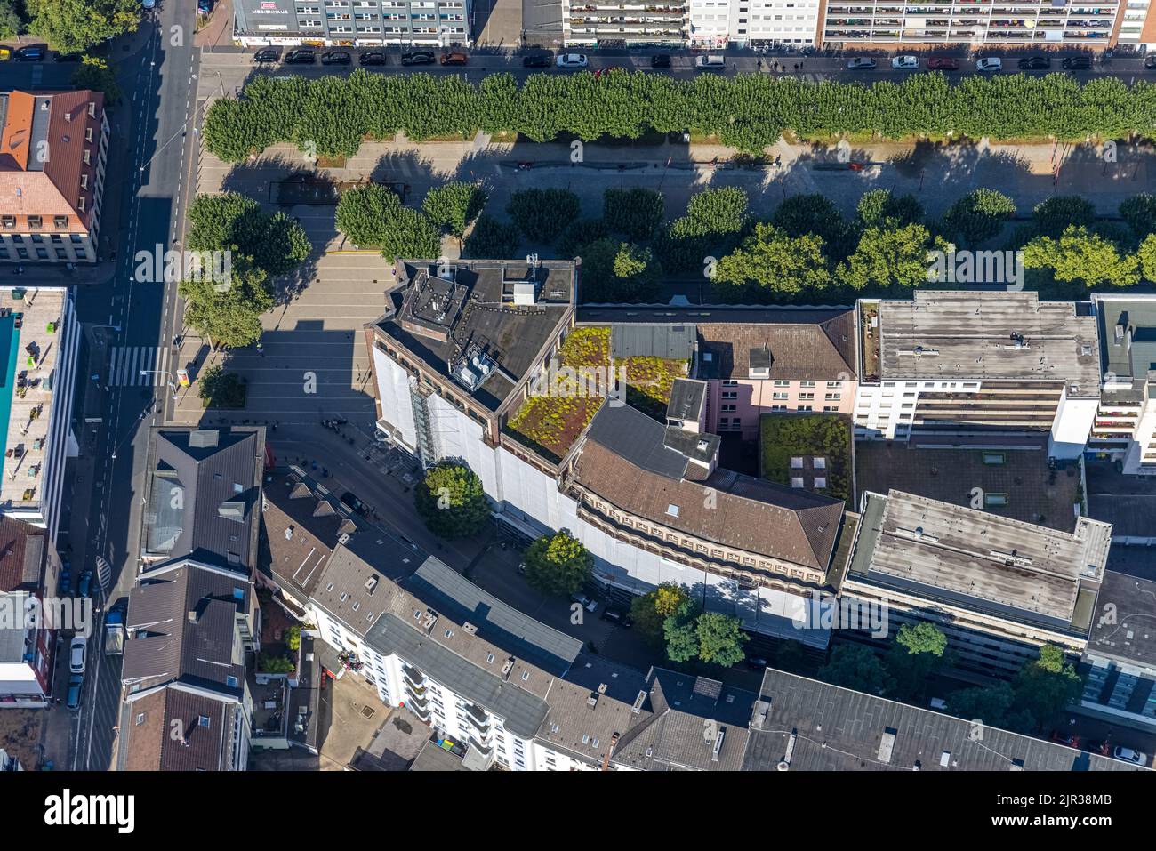 Aerial view, window renovation shrouded Bert-Brecht-Haus with municipal ...