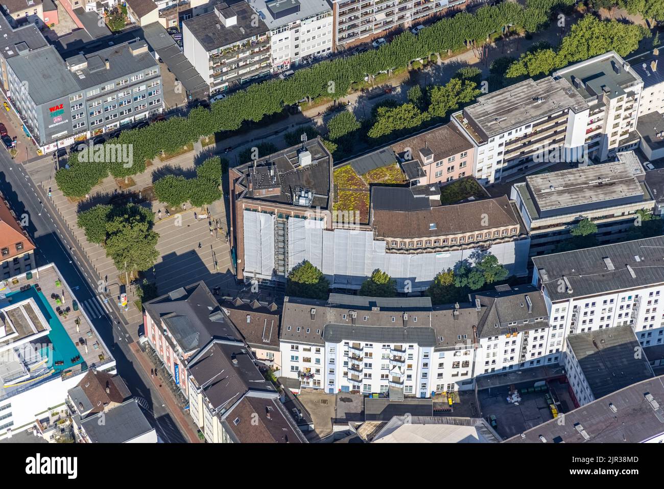 Aerial view, window renovation shrouded Bert-Brecht-Haus with municipal ...