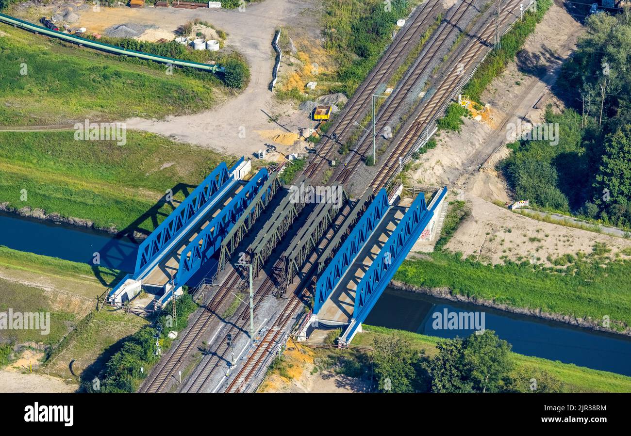 Aerial view, new railroad bridge construction and renovation over the ...
