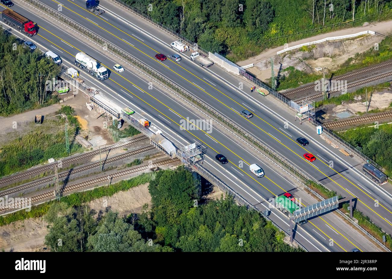 Aerial view, highway A42 bridge renovation over railroad tracks and ...