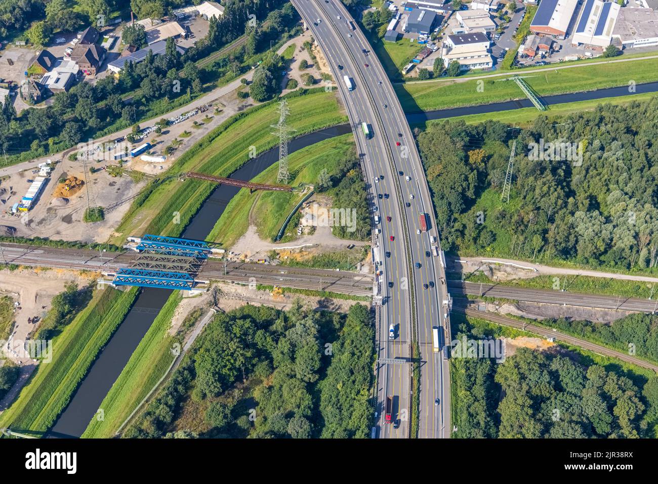 Aerial view, freeway A42 bridge renovation over railroad tracks and ...