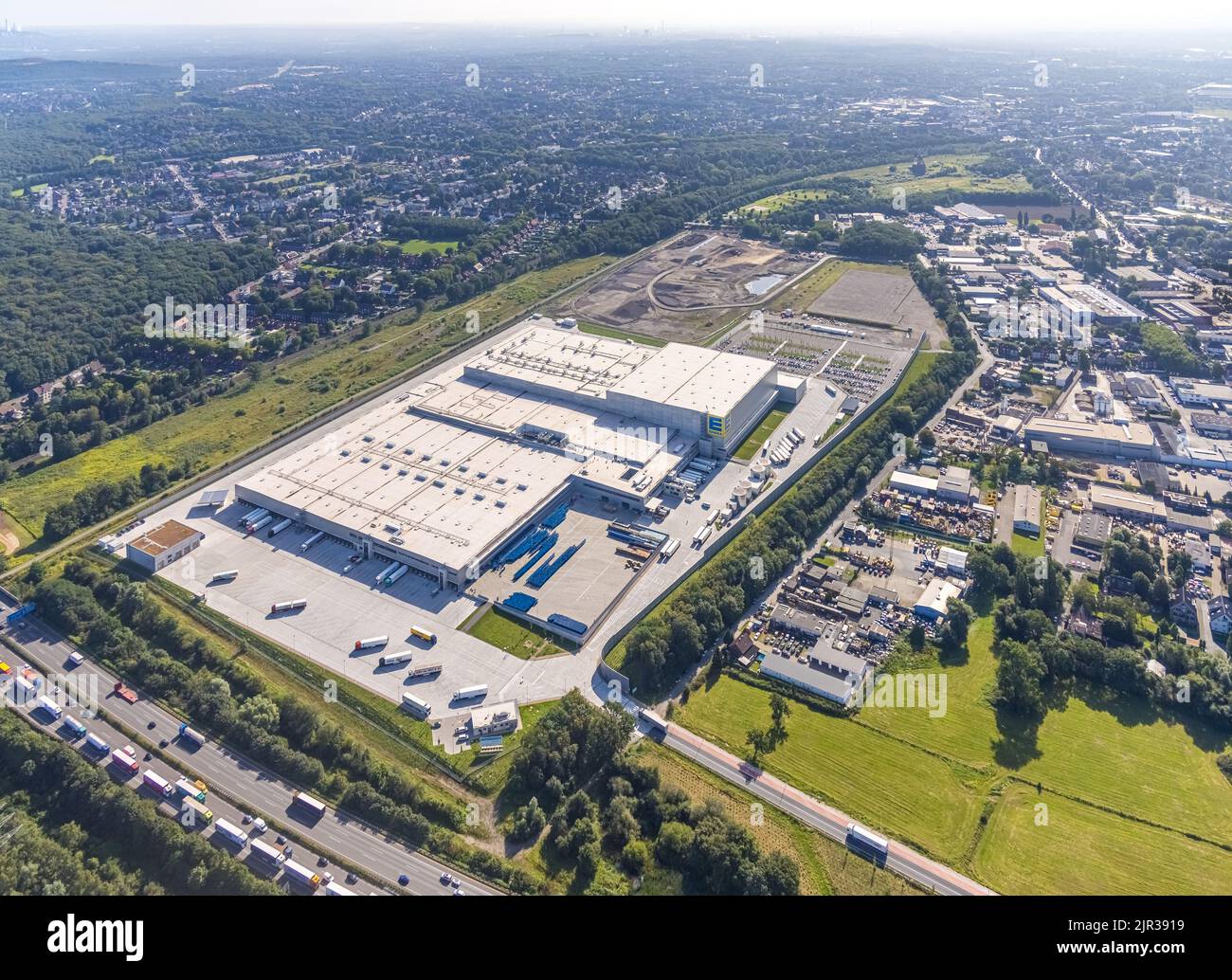 Aerial view, Edeka central warehouse Oberhausen with fallow land as ...