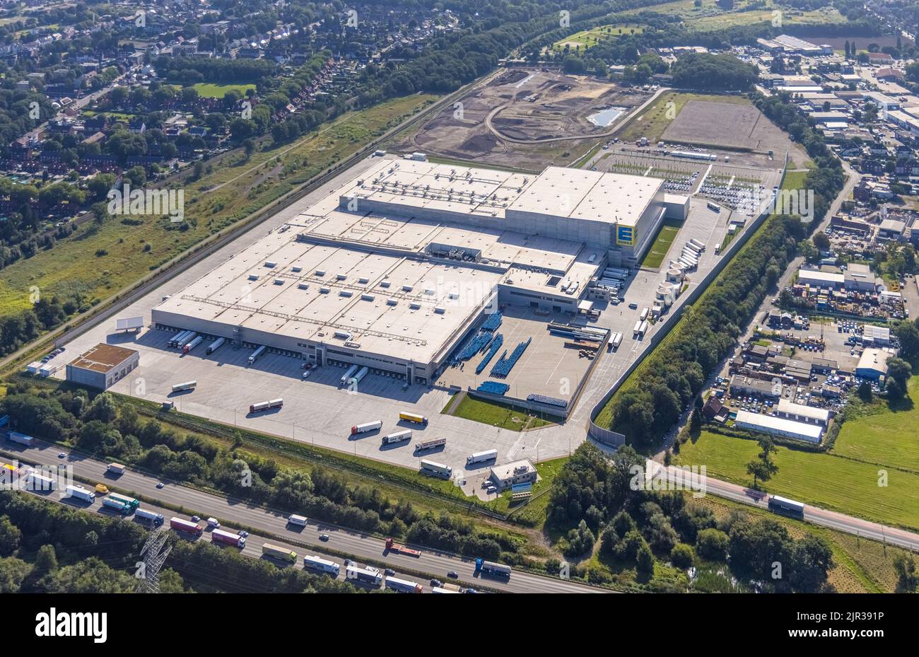 Aerial view, Edeka central warehouse Oberhausen with fallow land in ...