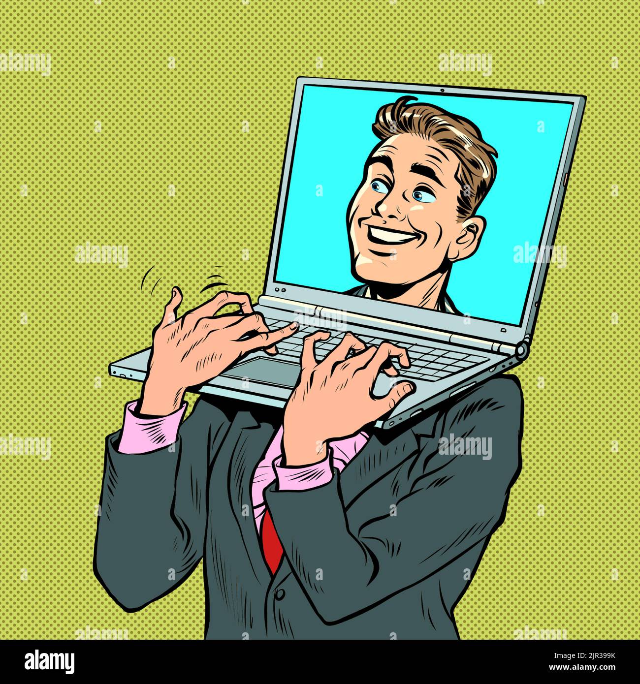 Pop art businessman with laptop laptop instead of a head. An electronic ...