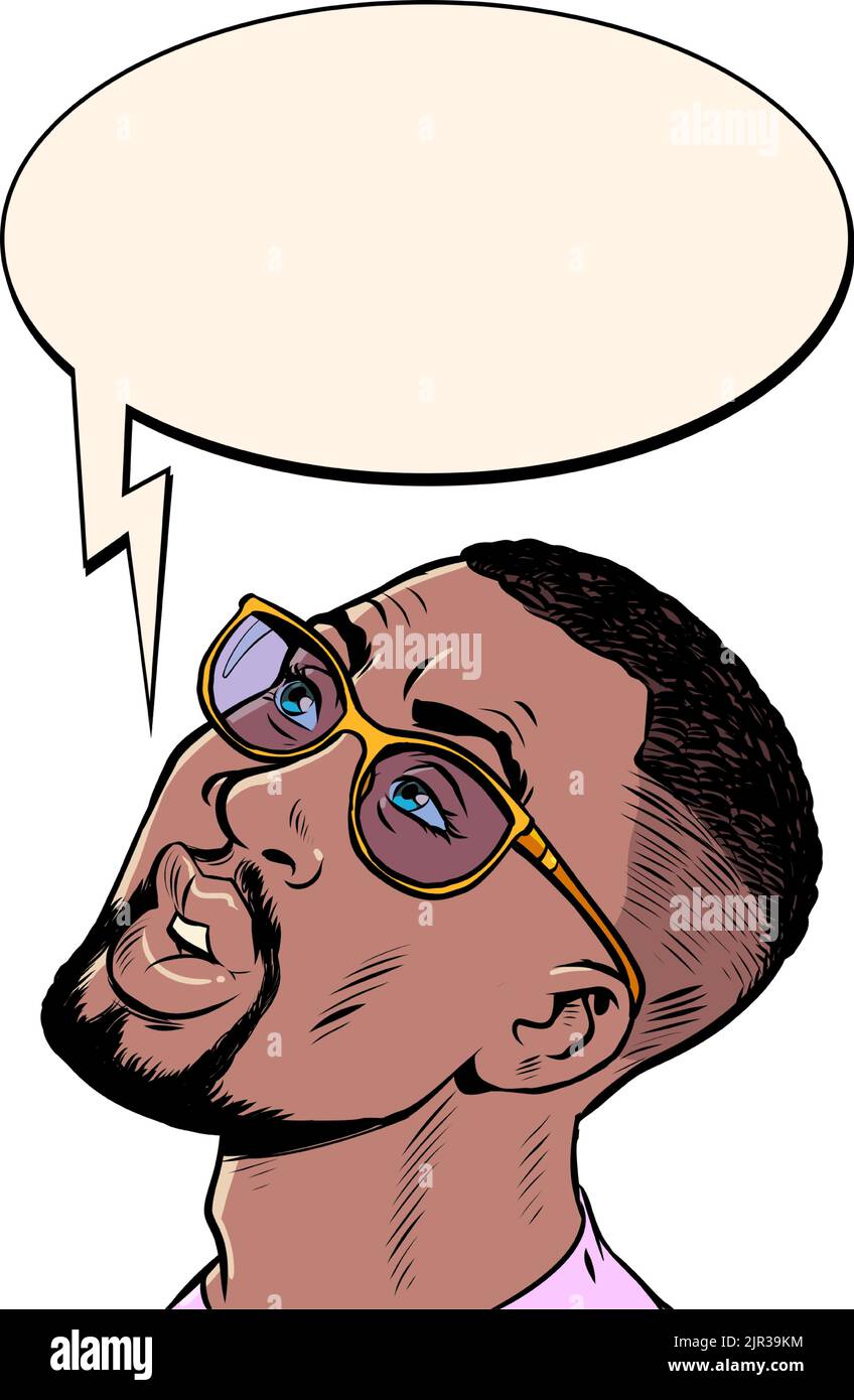 Pop art handsome man looks up with surprise. Large face. Businessman ...