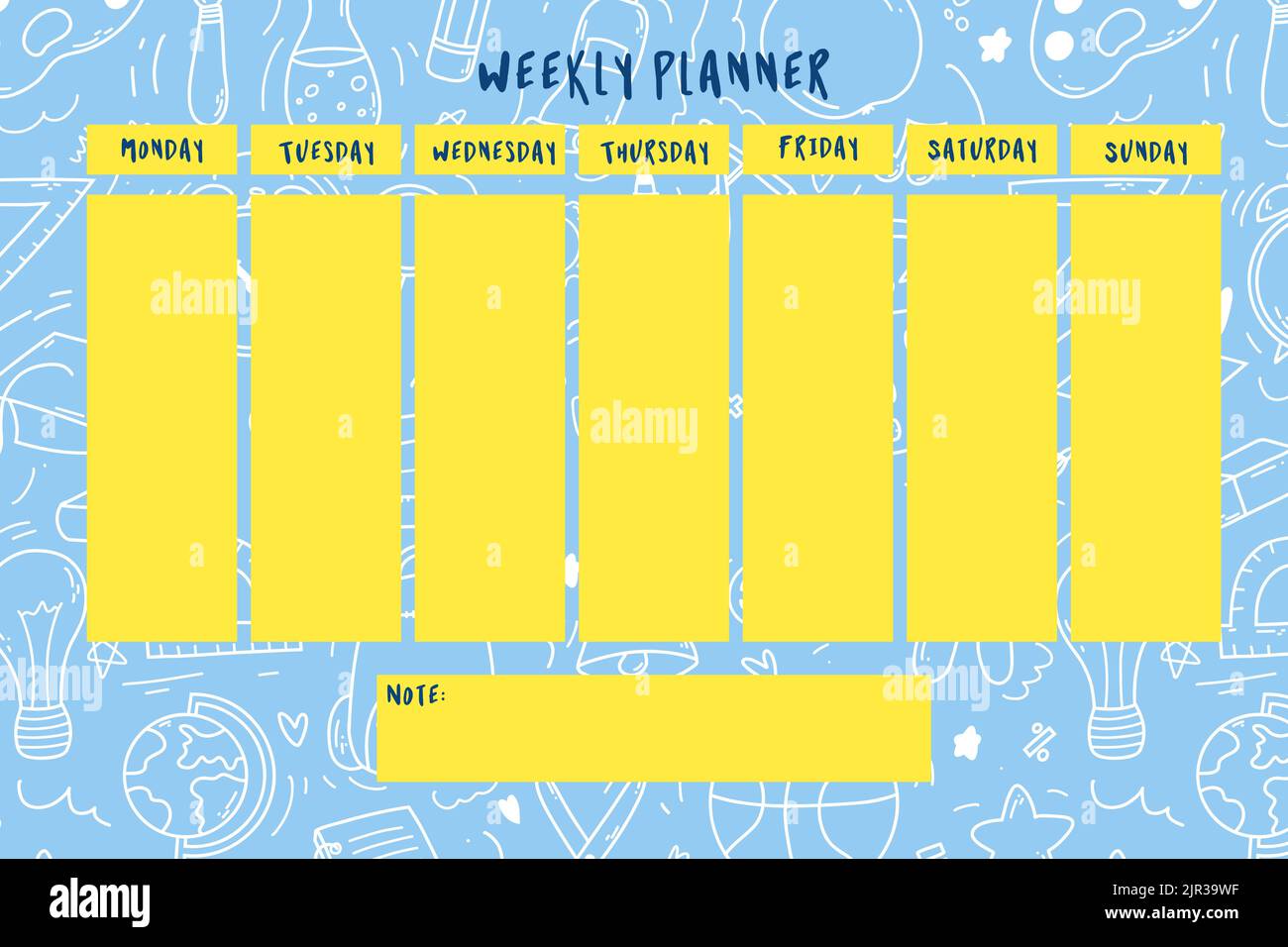 Weekly planner for kids on doodle blue background with school supplies ...