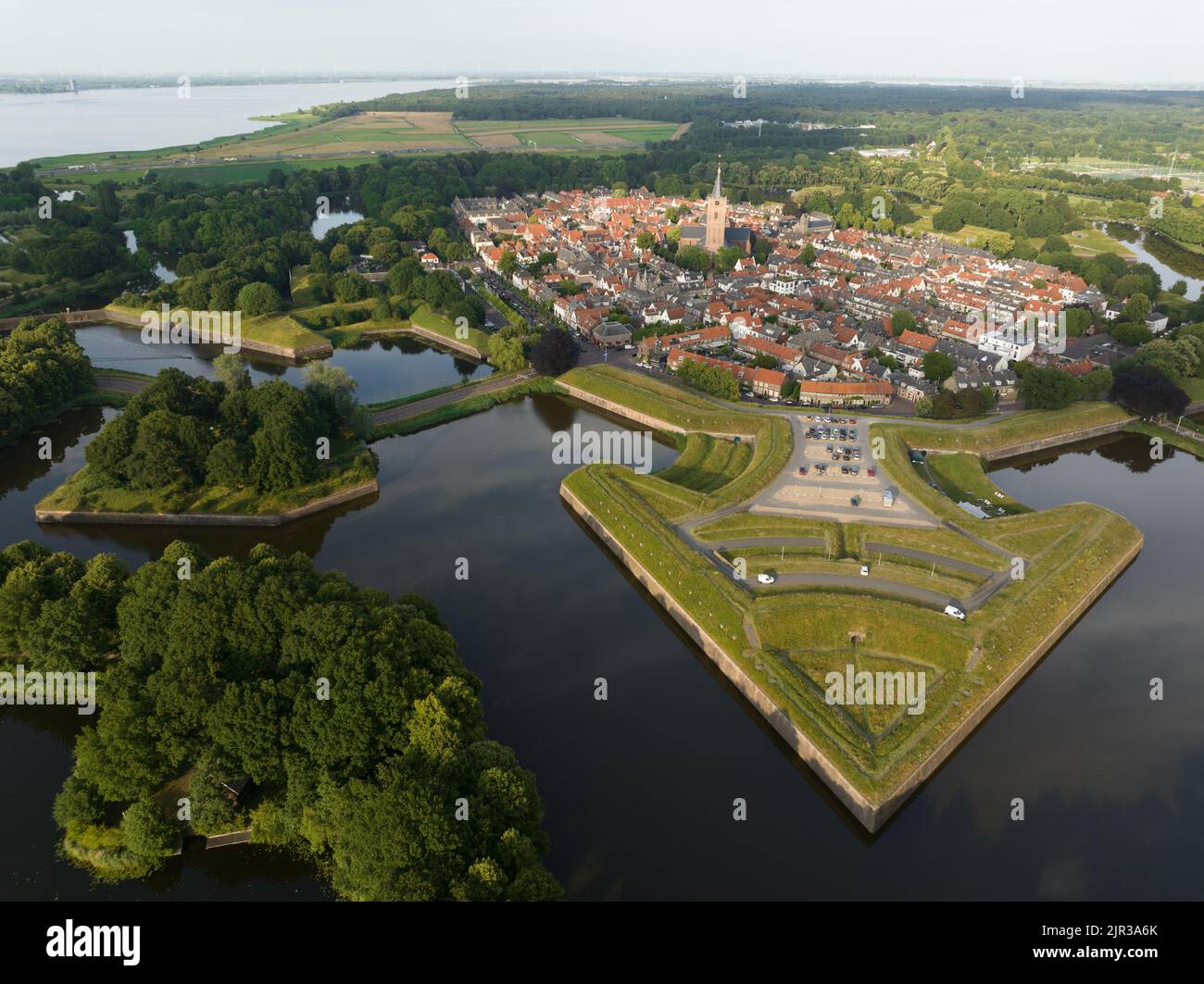 Fortified ancient old historic town of Naarden Vesting overhead aerial ...