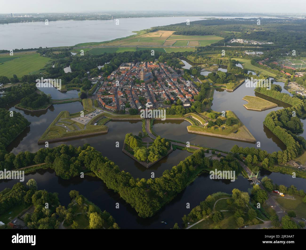 Fortified ancient old historic town of Naarden Vesting overhead aerial ...