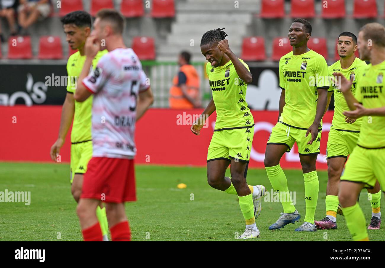 Waregem, Belgium, 21/08/2022, Charleroi's Joris Kayembe celebrates ...
