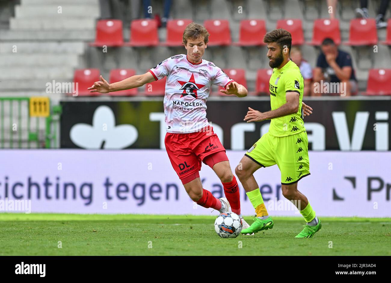 Waregem, Belgium, 21/08/2022, Essevee's Lukas Willen and Charleroi's ...