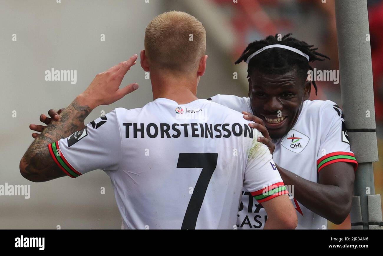 Liege, Belgium, 21 August 2022, OHL's Jon Thorsteinsson and OHL's ...