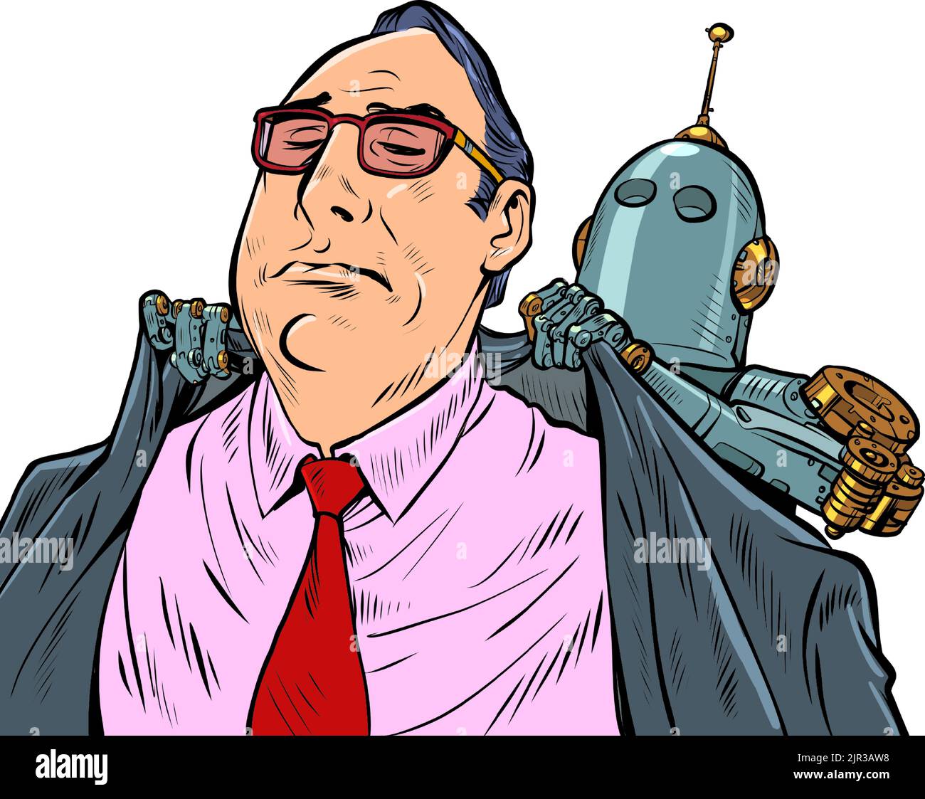 Robot servant of man. An artificial mechanism puts a coat on the boss ...