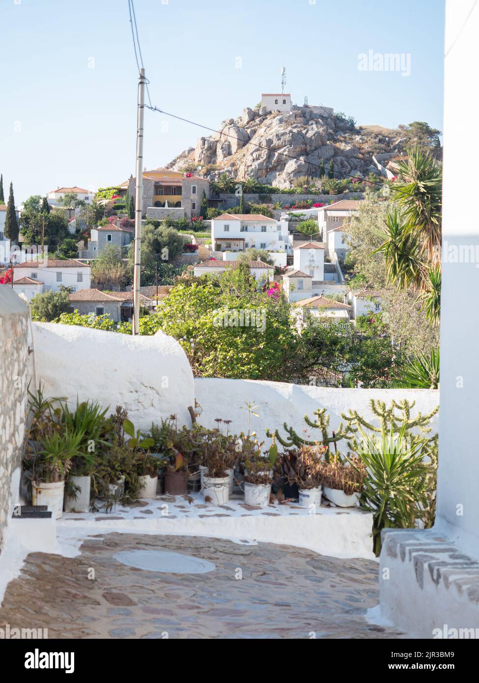 Cacti and plant pots in pretty Greek village of Hydra with island view ...