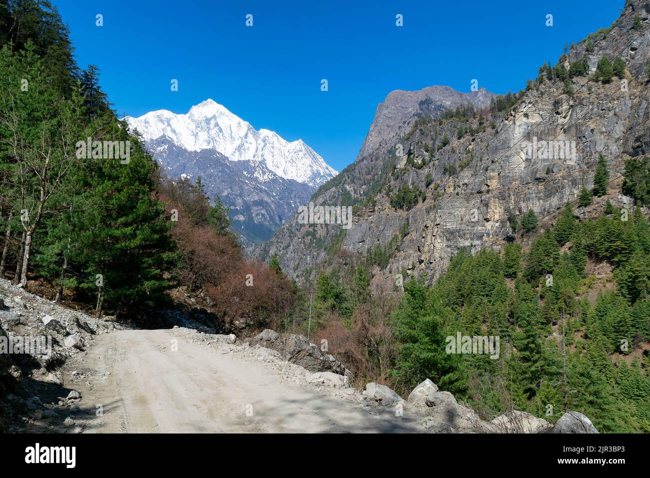 A rocky high path between Annapurna circuit trek in Chame city, Nepal ...