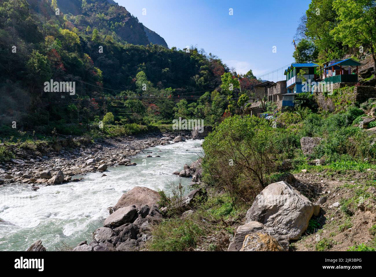A beautiful shot of Marshyangdi river flowing in Jagat village ...