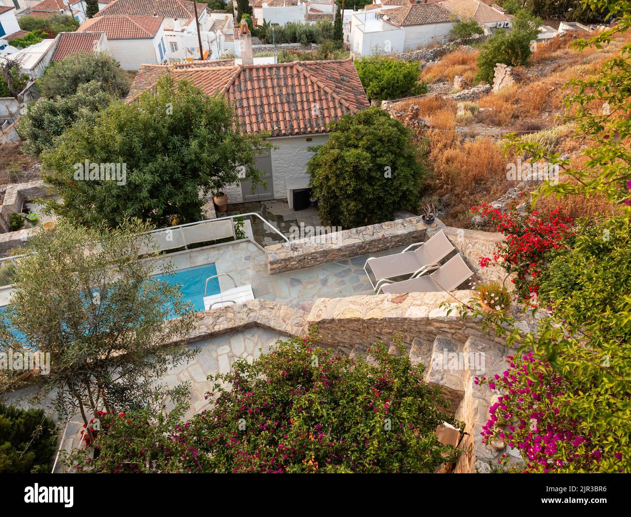 Swimming pool and view from pretty Greek villa on Hydra Island, Greece ...