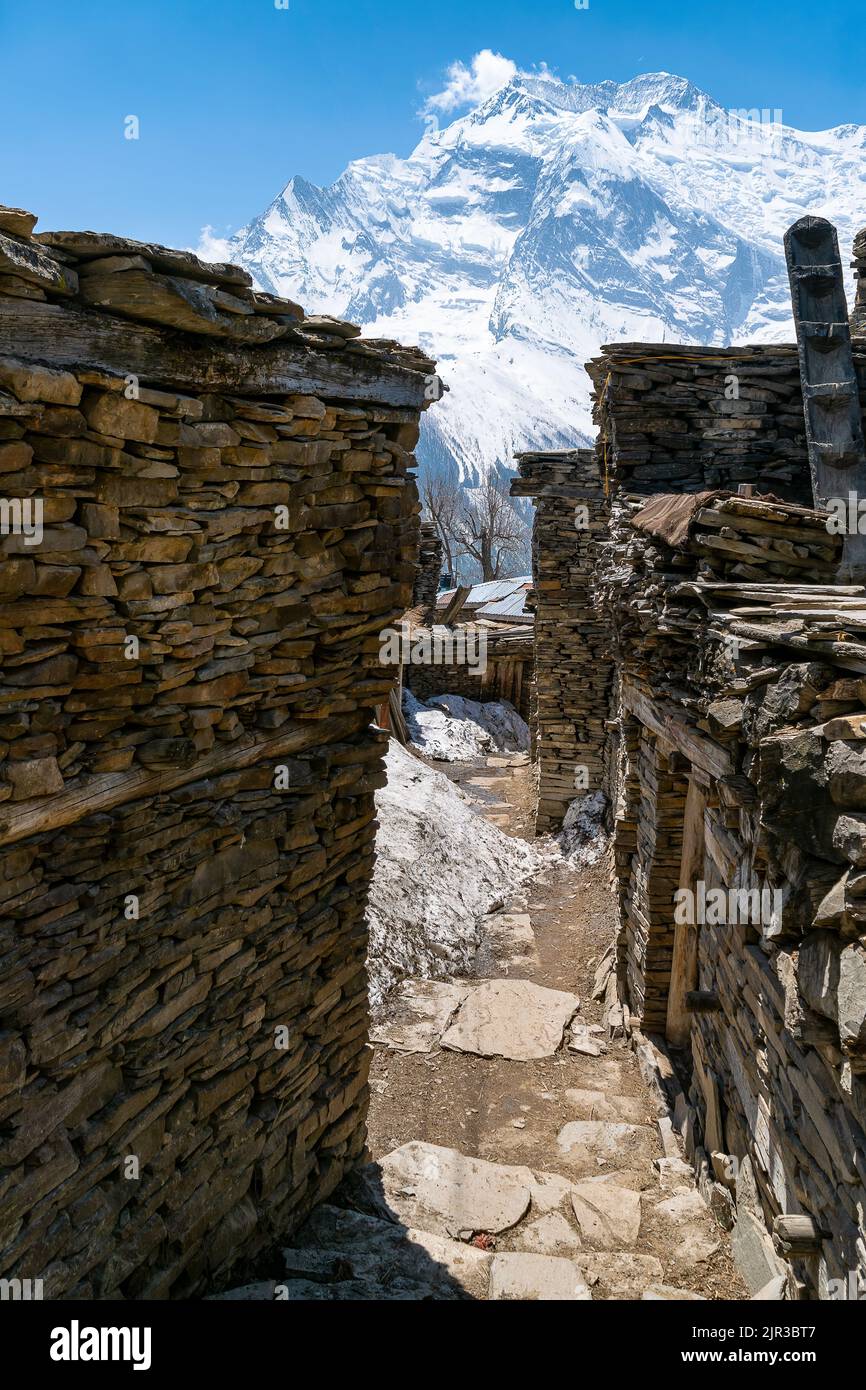 A vertical shot of the rocky stone walls in Annapurna circuit trek ...