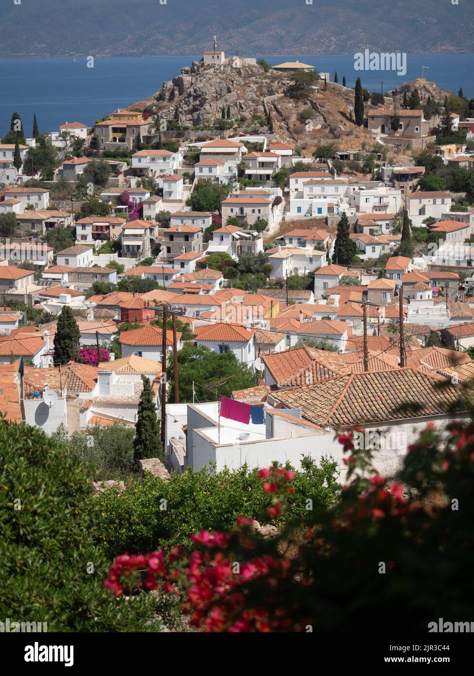 View of Hydra island, sea view, terracotta rooftops and pink flowers ...