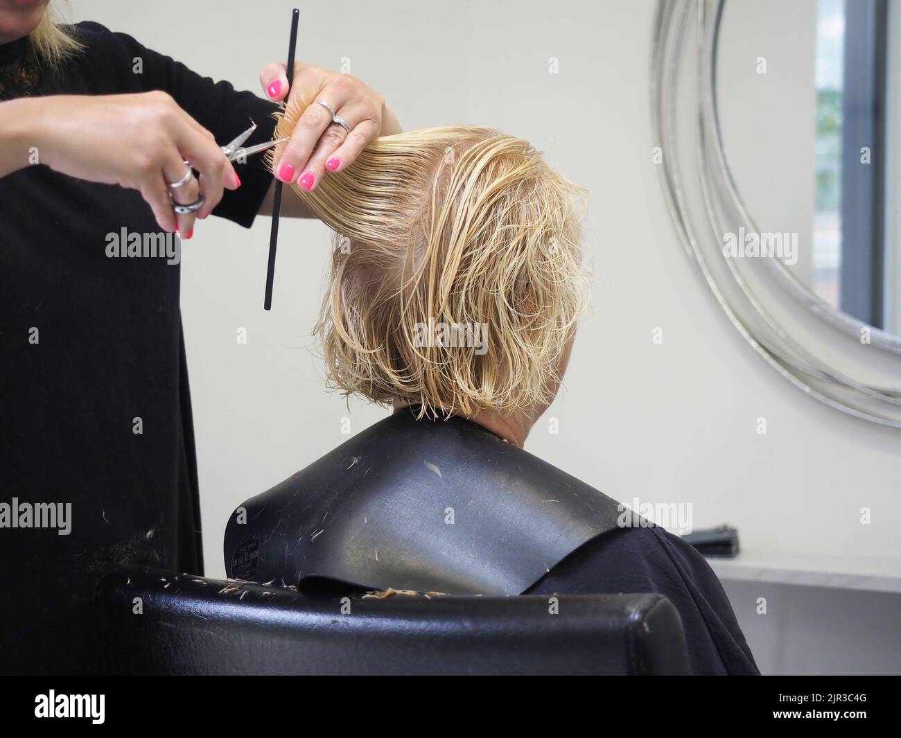 A Hairdresser with a comb and scissors cutting a blonde customer hair ...