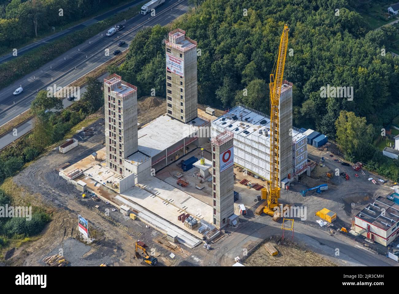 Aerial view, construction site and new construction of a building ...