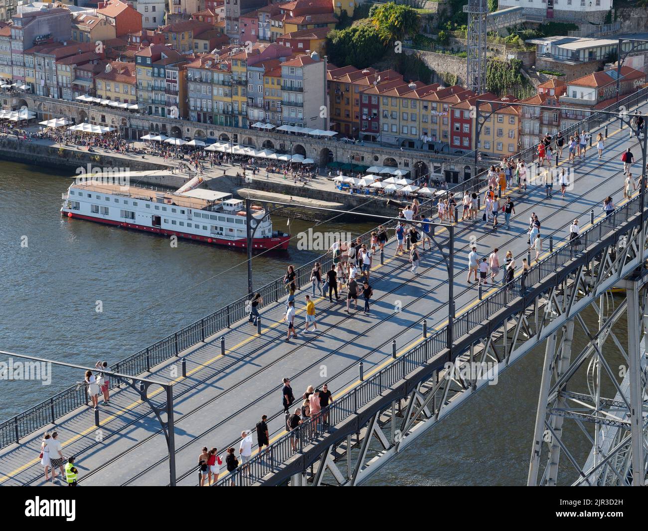 Luis I bridge In Porto, Portugal, with the Ribeira riverside district ...