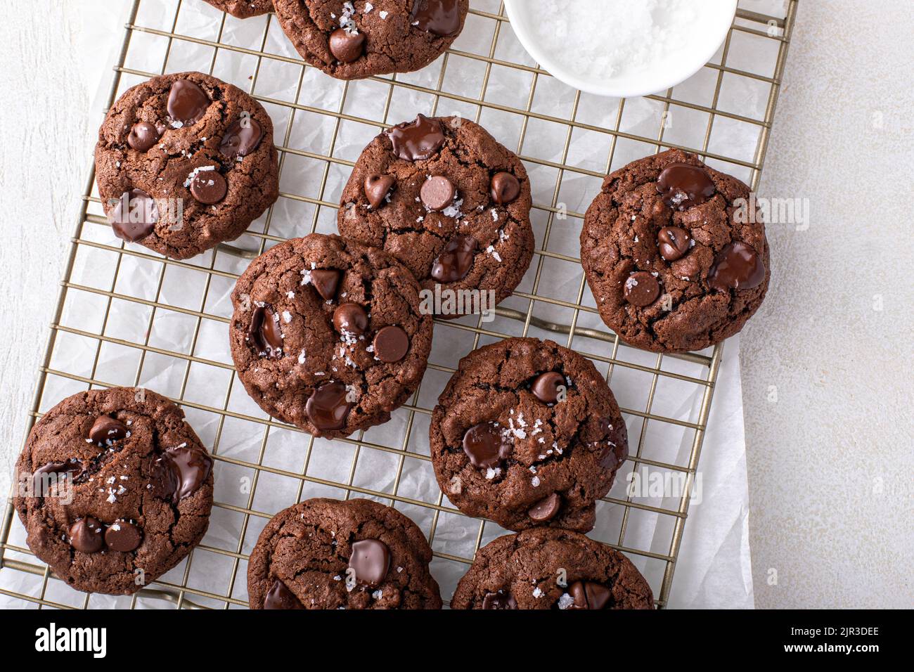 Double chocolate cookies with dark chocolate chips and salt flakes ...