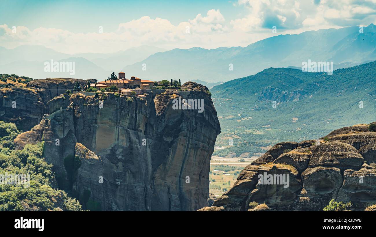 Famous mountain monasteries - Meteora - in Greece seen from afar. Drone ...