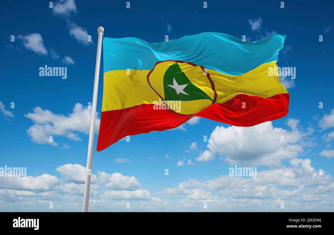 flag of Cabinda FLEC propose, africa at cloudy sky background. flag representing extinct country ...