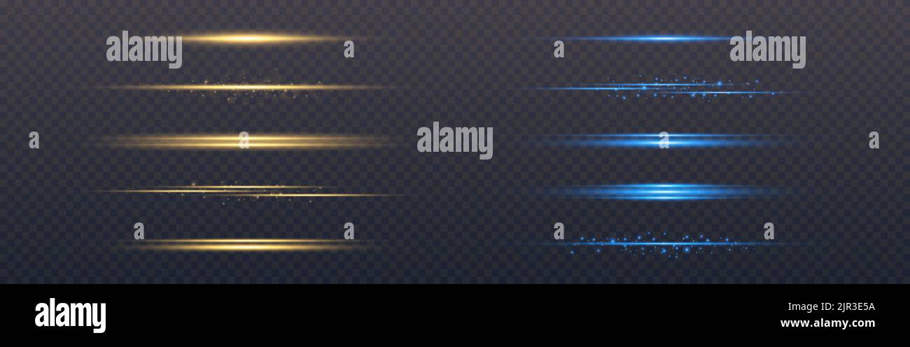 Glow lines collection. Gold bright flashes. Horizontal glowing beams on ...