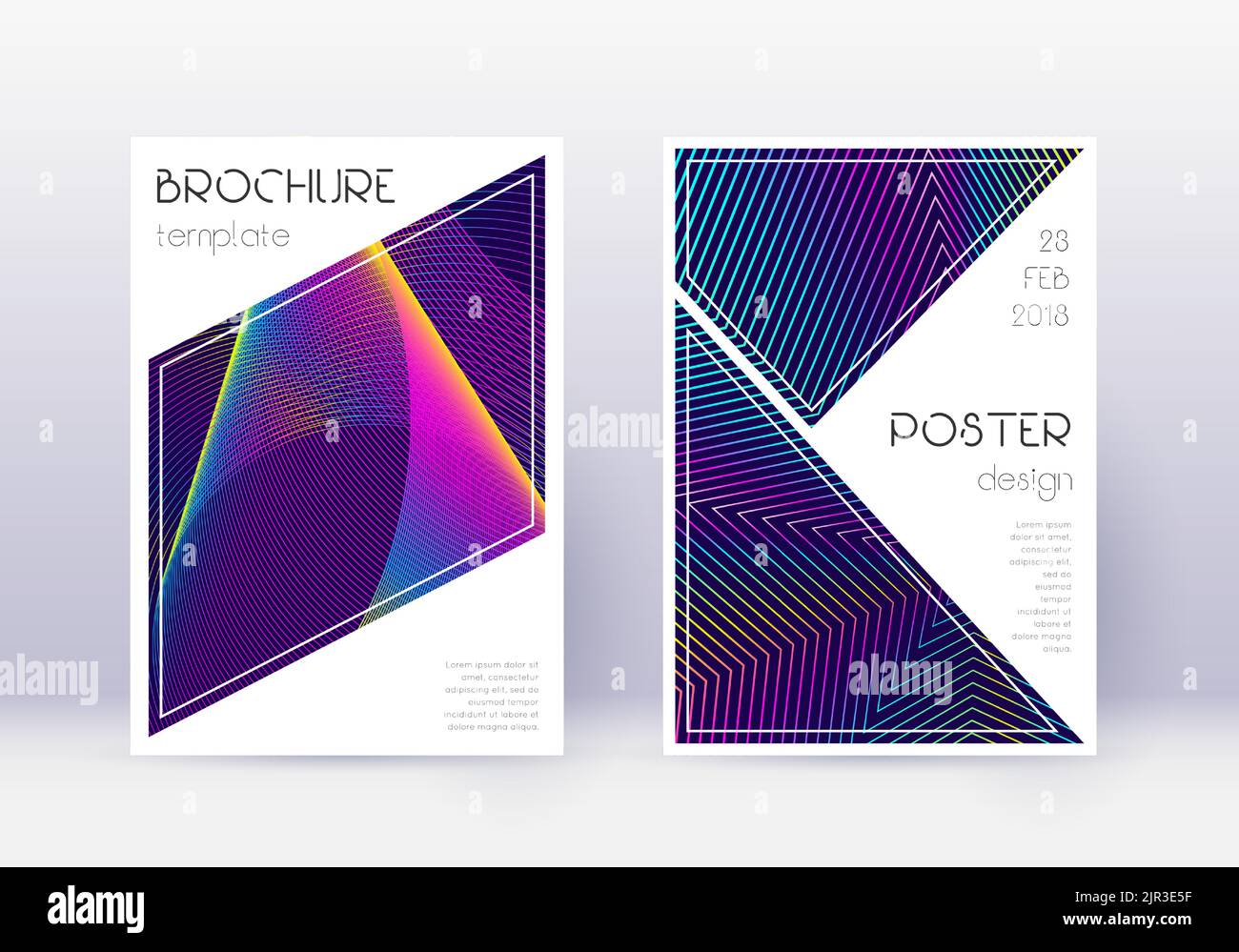 Triangle cover design template set. Rainbow abstract lines on dark blue ...