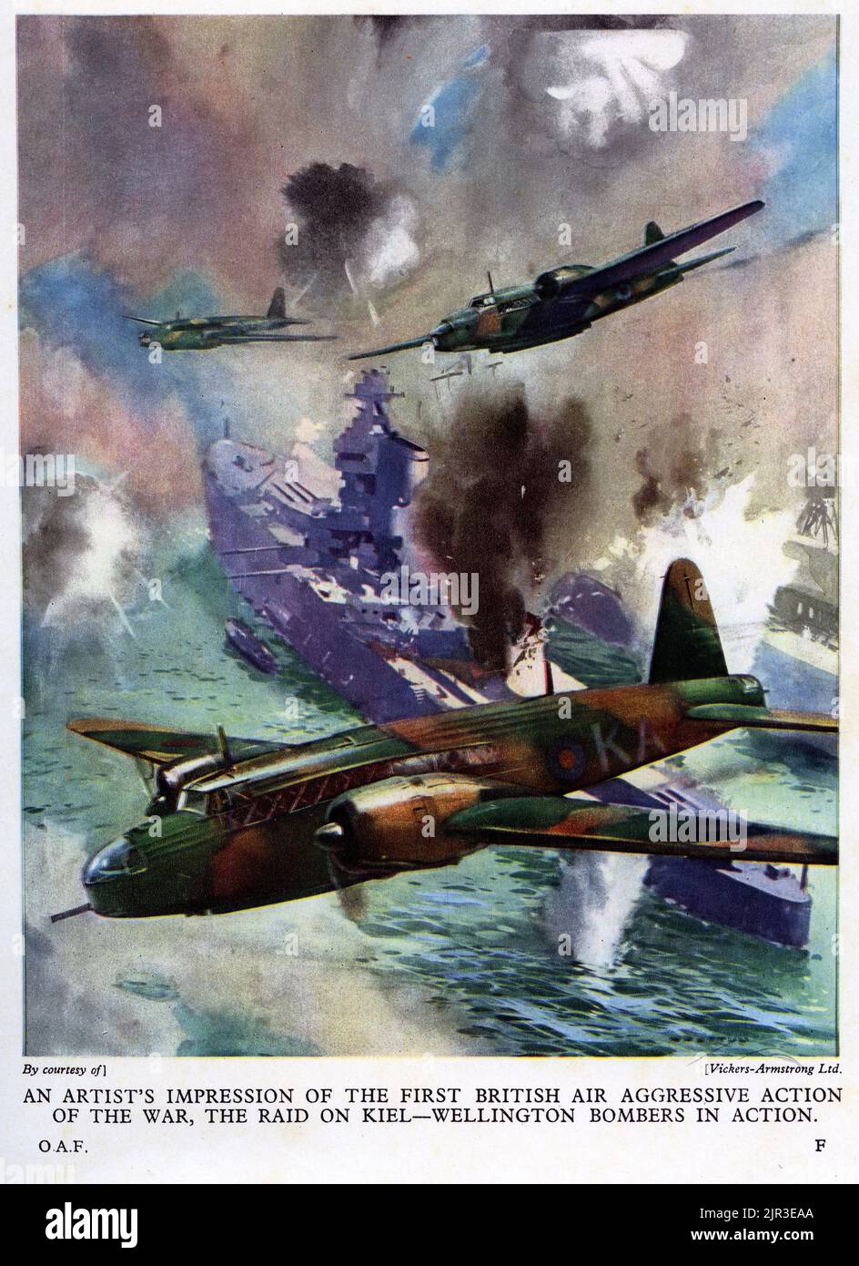 Halftone of a squadron of Wellington bombers in the raid on Kiel, World ...
