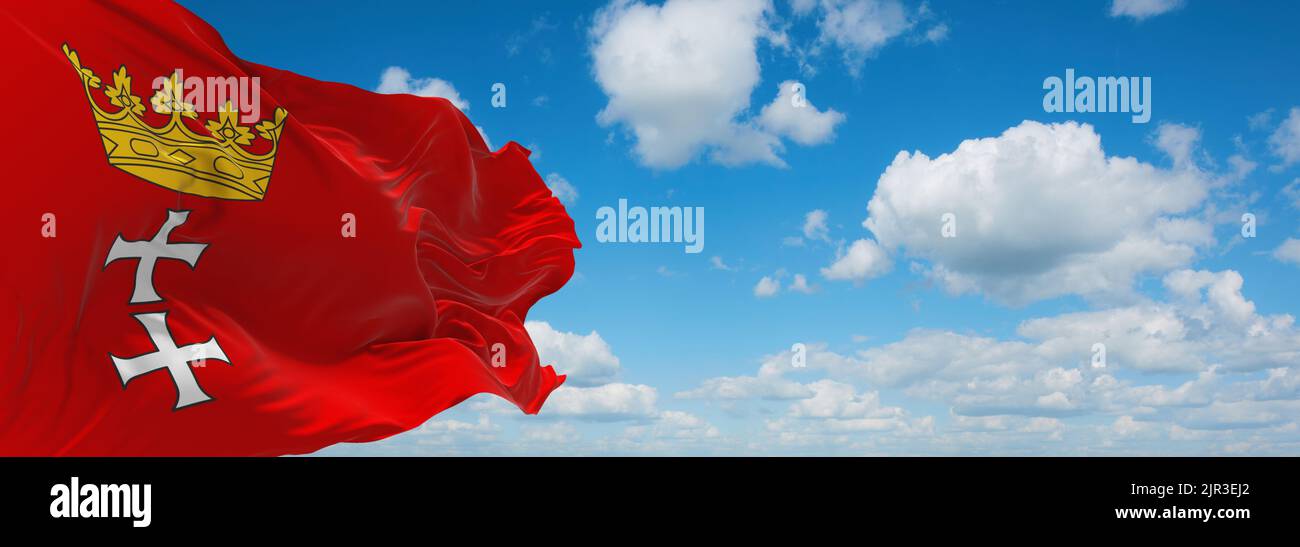 flag of Gdansk, Europe at cloudy sky background, panoramic view. flag ...
