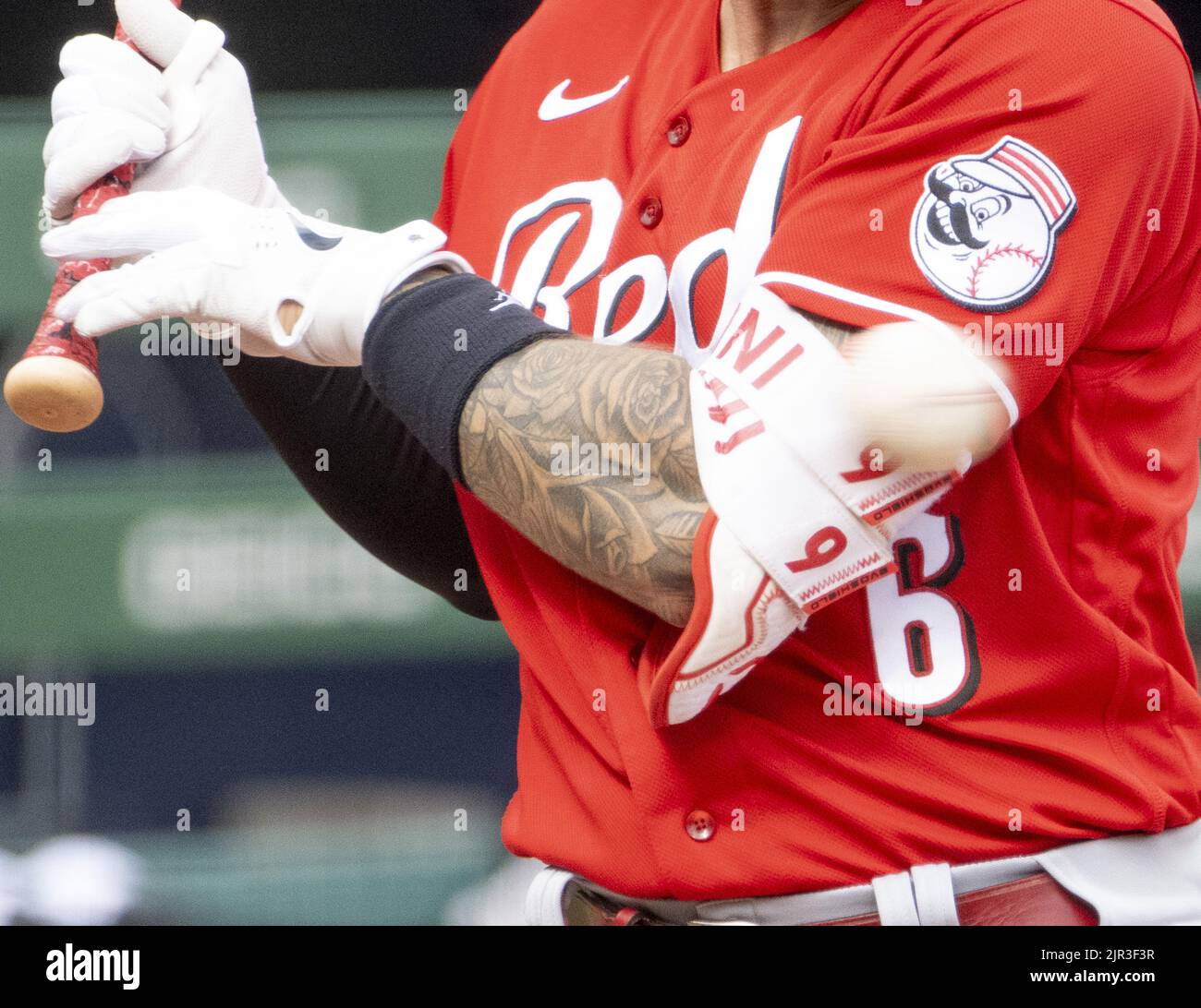 Cincinnati Reds second baseman Jonathan India (6) is hit on the elbow ...