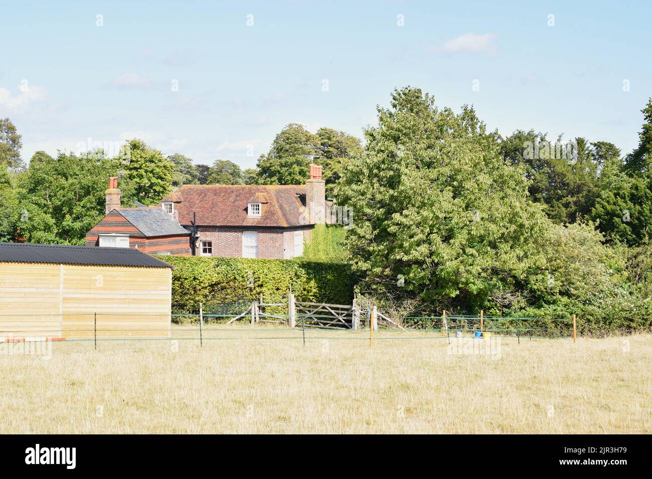 Very dry fields during drought 2022 in English village Glynde on a nice ...