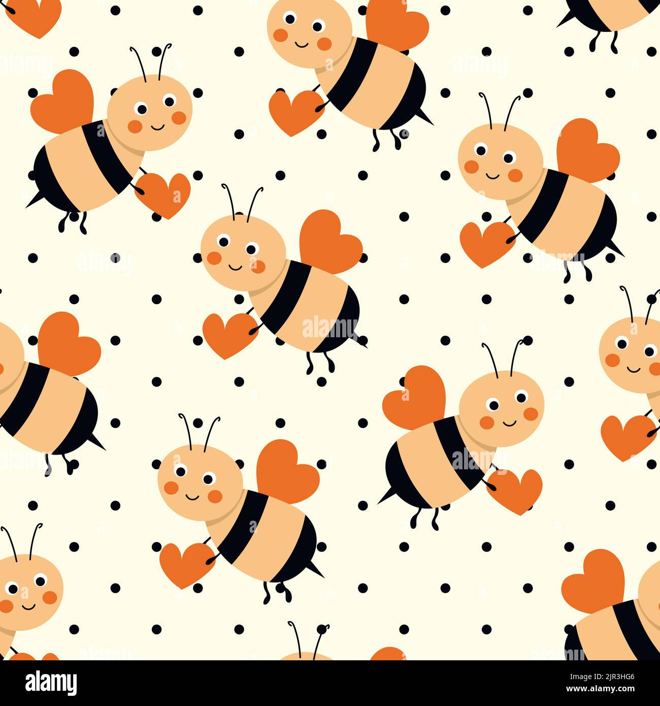 Seamless pattern with bees on white polka dots background. Small wasp ...