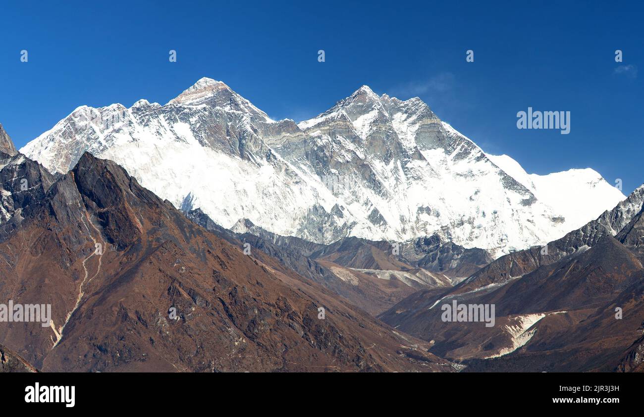 view of Mount Everest, Nuptse rock face, Mount Lhotse and Lhotse Shar ...