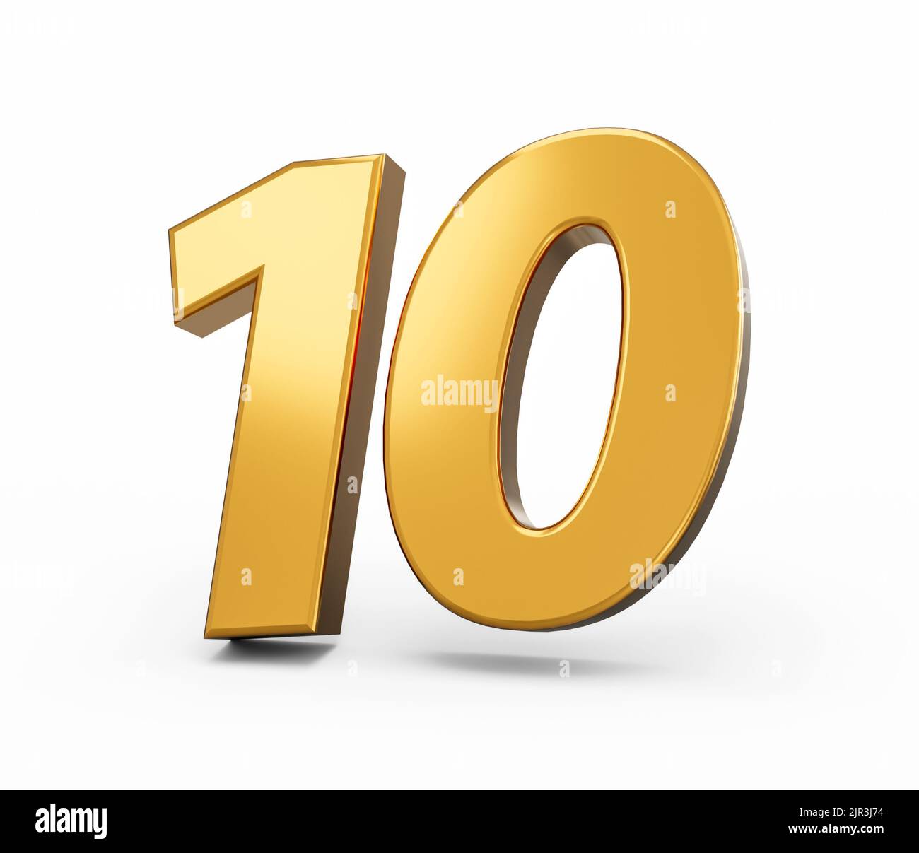 A 3D illustration of a golden number 10 on a white isolated background ...