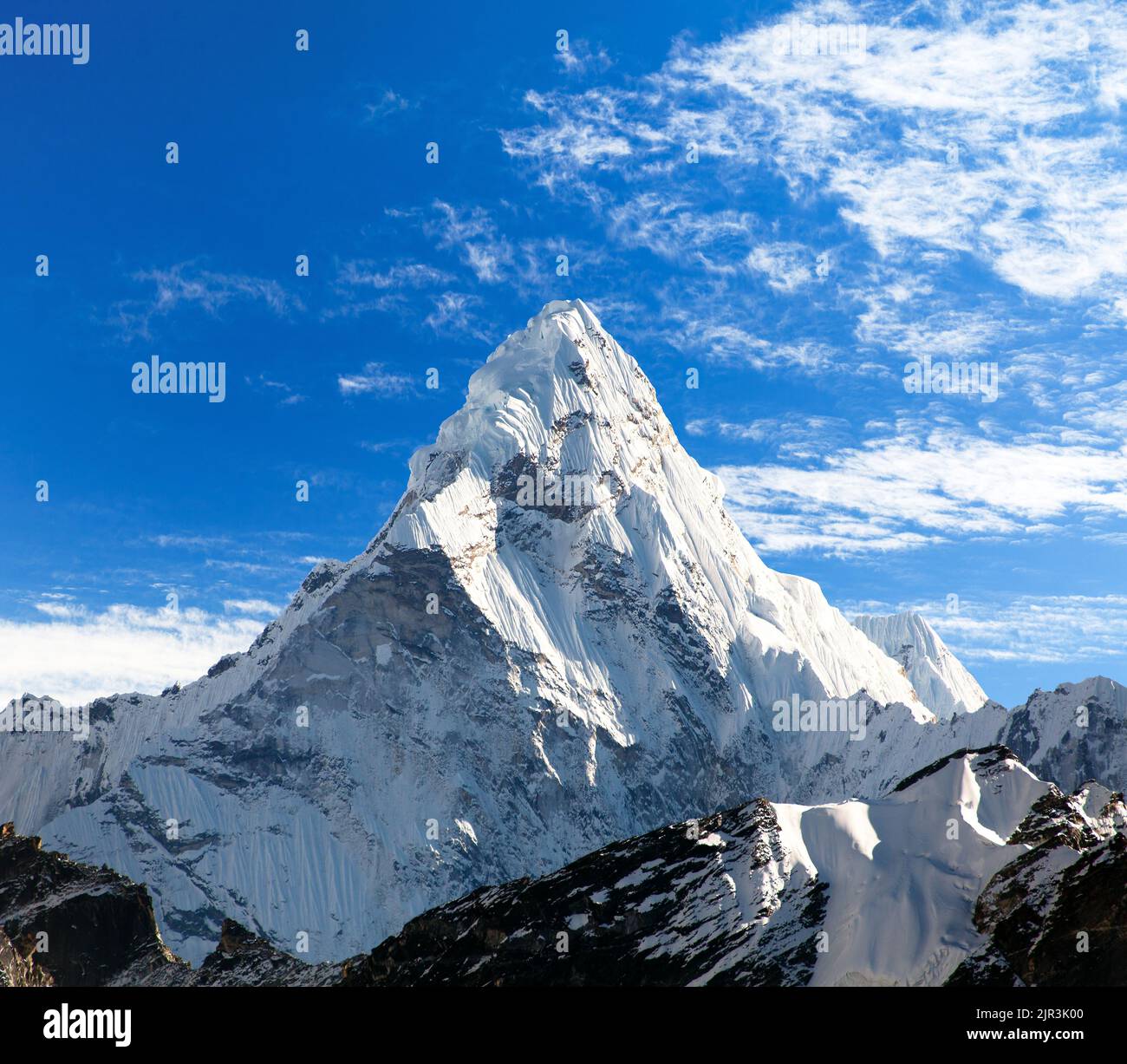 View of mount Ama Dablam on the way to Everest Base Camp with beautiful ...