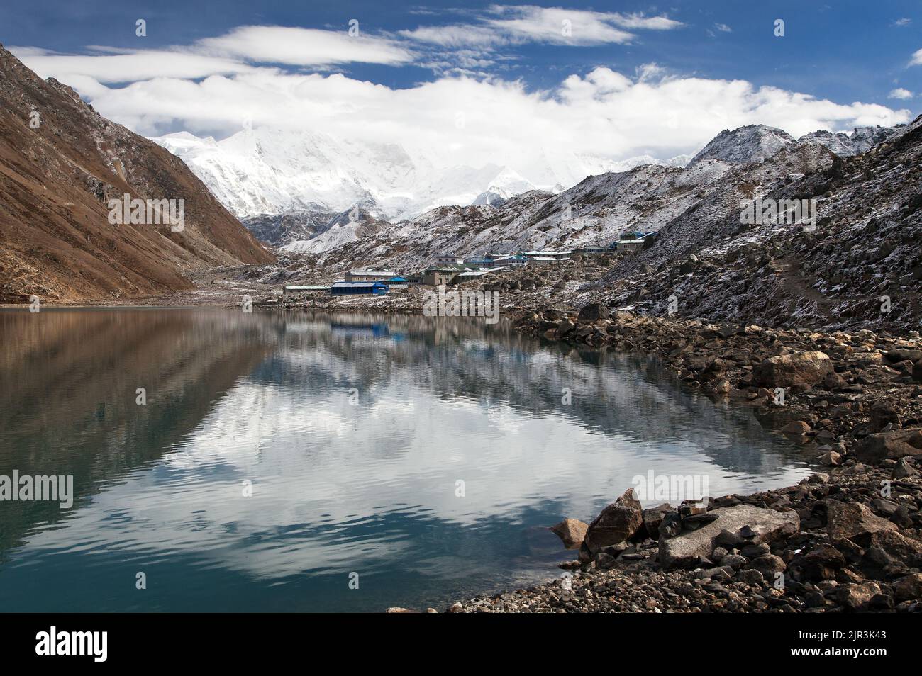 View of mount Cho Oyu mirroring in Gokyo lake or Dudh Pokhari, three ...